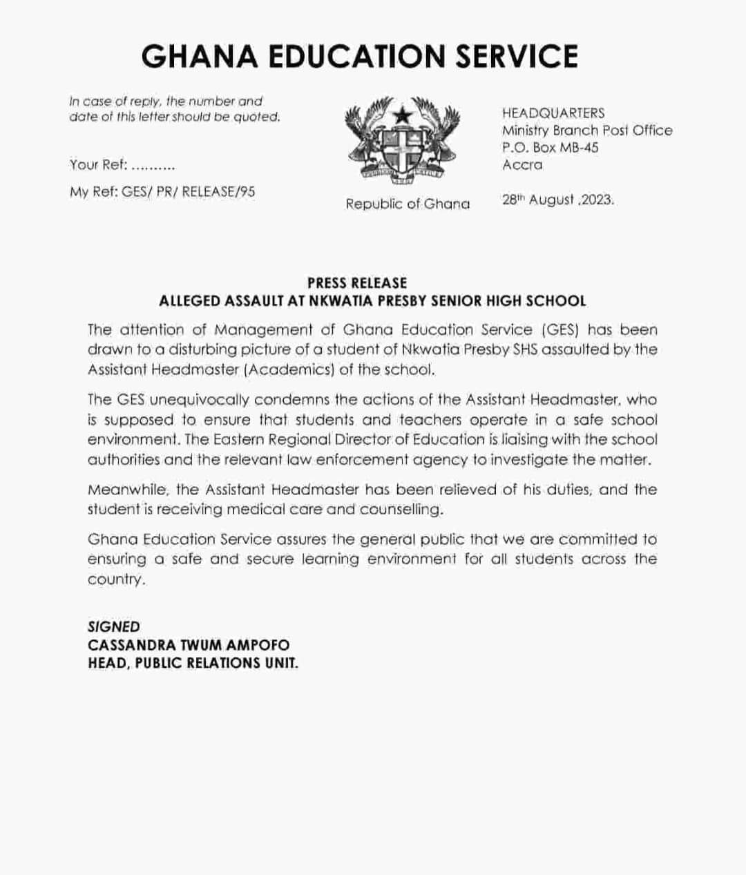 Nkwatia Presby SHS Assistant Headmaster relieved of his duties for ...